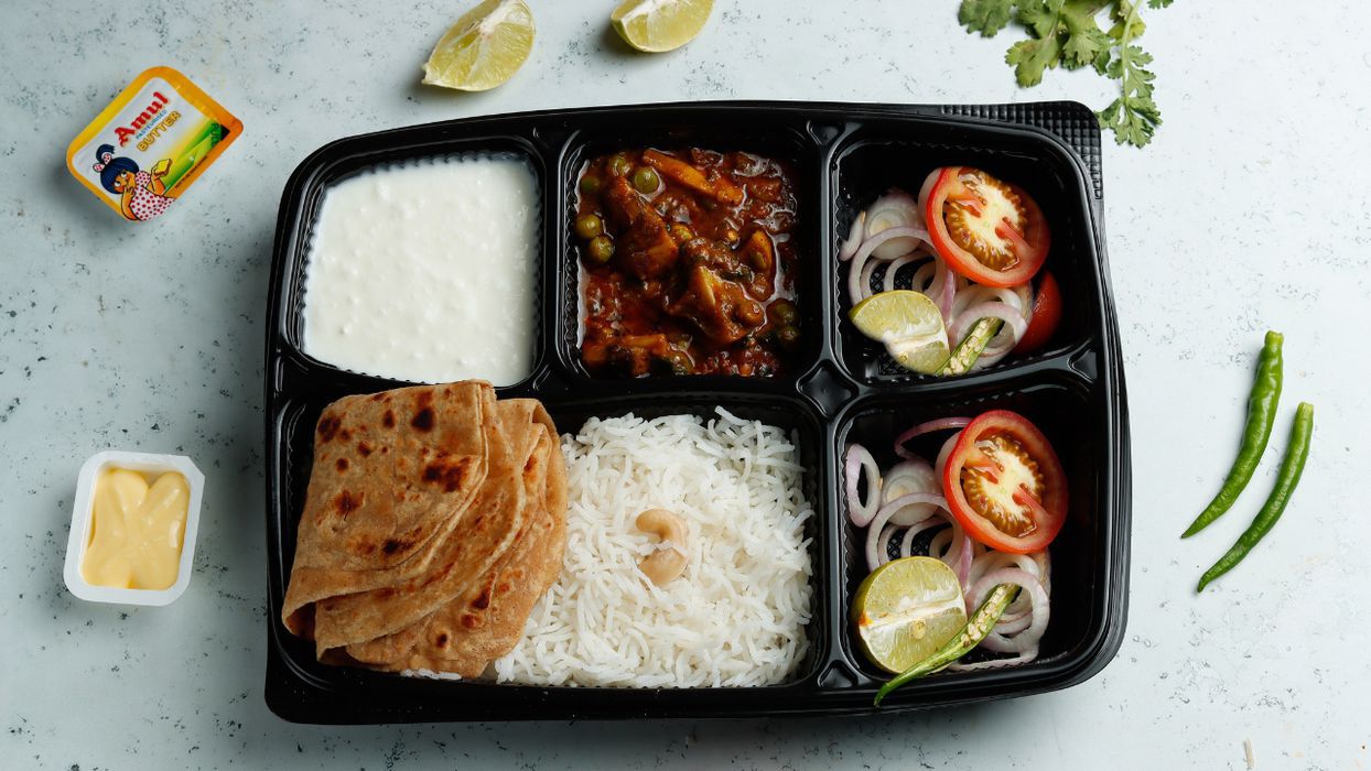 Mix V. Korma, Laccha Paratha, Rice, Salad Raita